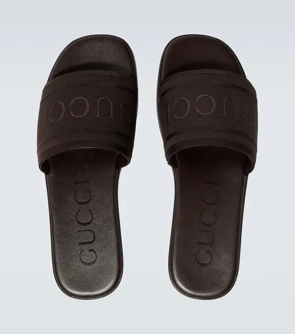 Gucci Logo Canvas And Leather Slides - Brown