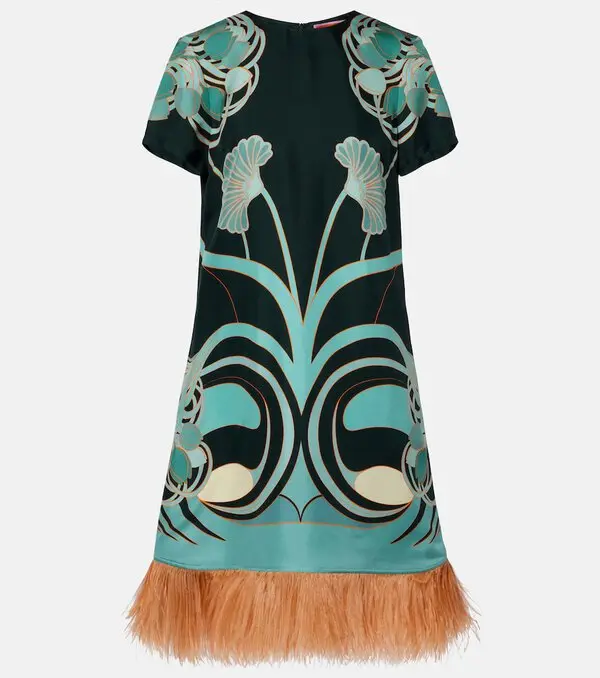 La DoubleJ Swing Feather-trimmed Floral Silk Twill Minidress - Green