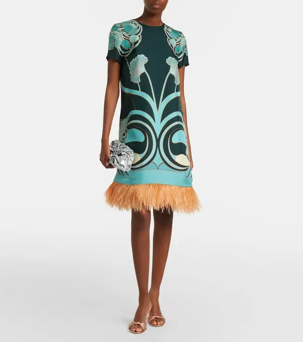 La DoubleJ Swing Feather-trimmed Floral Silk Twill Minidress - Green