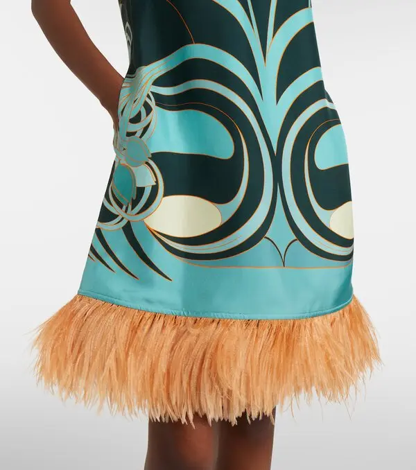 La DoubleJ Swing Feather-trimmed Floral Silk Twill Minidress - Green
