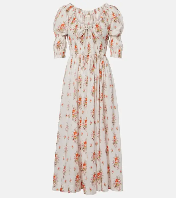 DÔEN Ischia Gathered Floral Cotton Midi Dress - Multicoloured