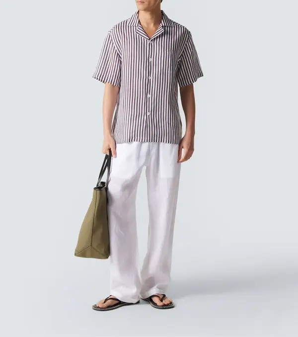 Fedeli Striped Linen Bowling Shirt - Brown
