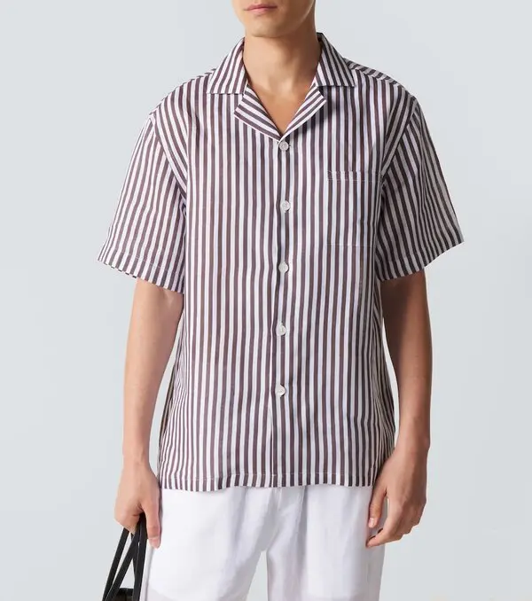 Fedeli Striped Linen Bowling Shirt - Brown