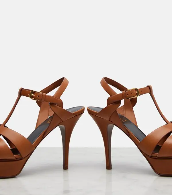 Saint Laurent Tribute Leather Platform Sandals - Brown