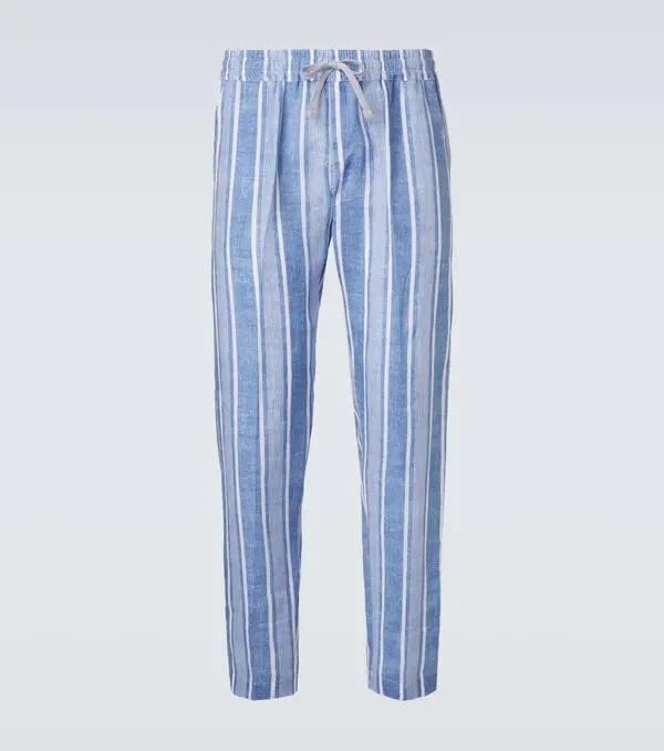 Fedeli Striped Linen Straight Pants - Blue