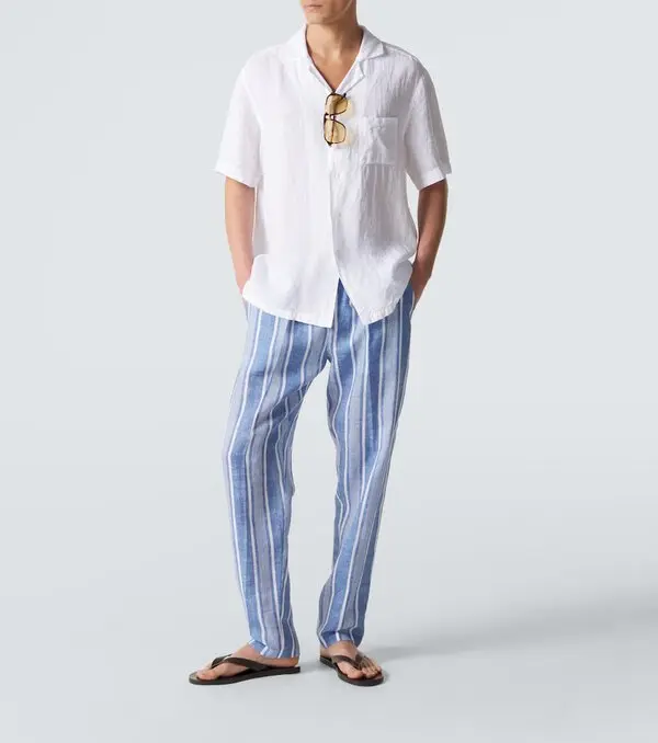 Fedeli Striped Linen Straight Pants - Blue