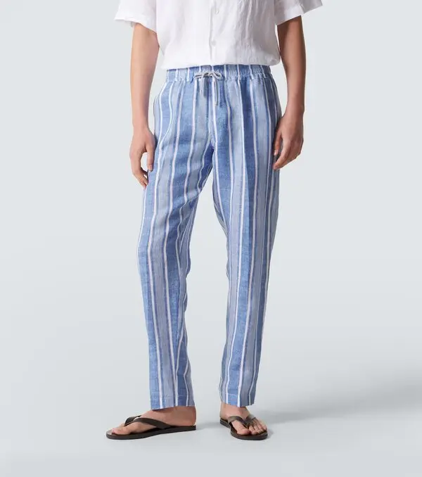 Fedeli Striped Linen Straight Pants - Blue