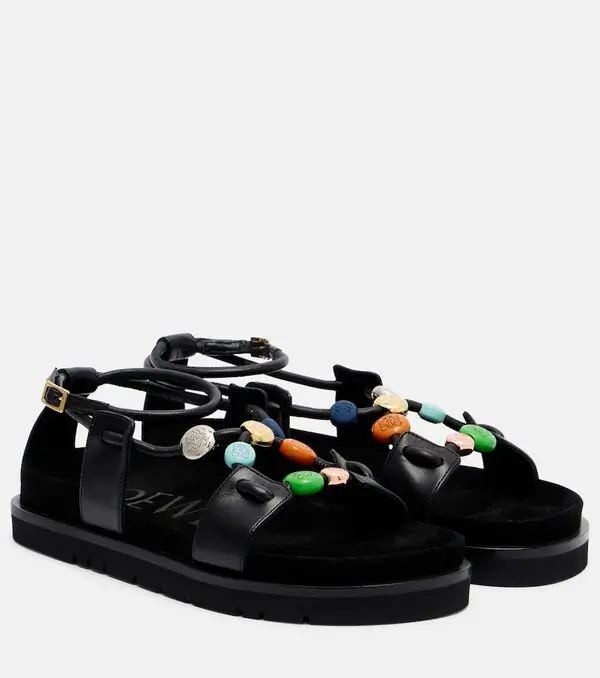 Loewe Paula's Ibiza Pebble Beads Leather Sandals - Black