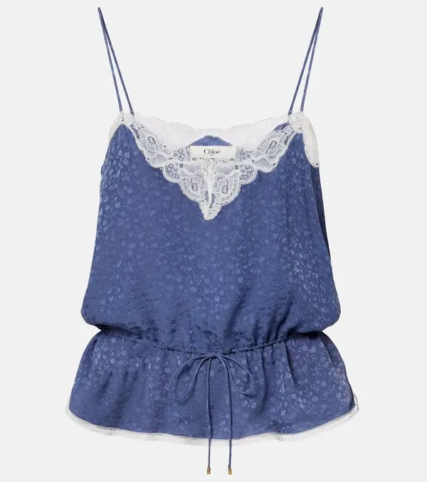Chloé Lace-trimmed Silk Jacquard Camisole - Blue