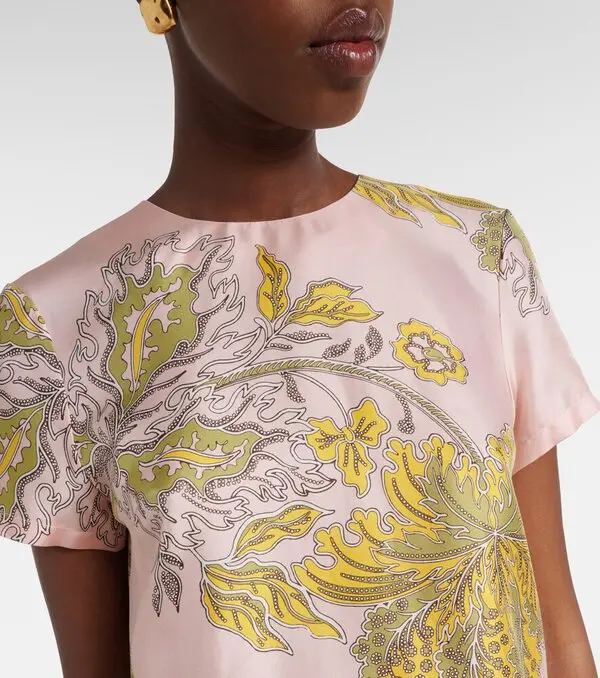 La DoubleJ Feather-trimmed Floral Silk Twill Mini Dress - Green