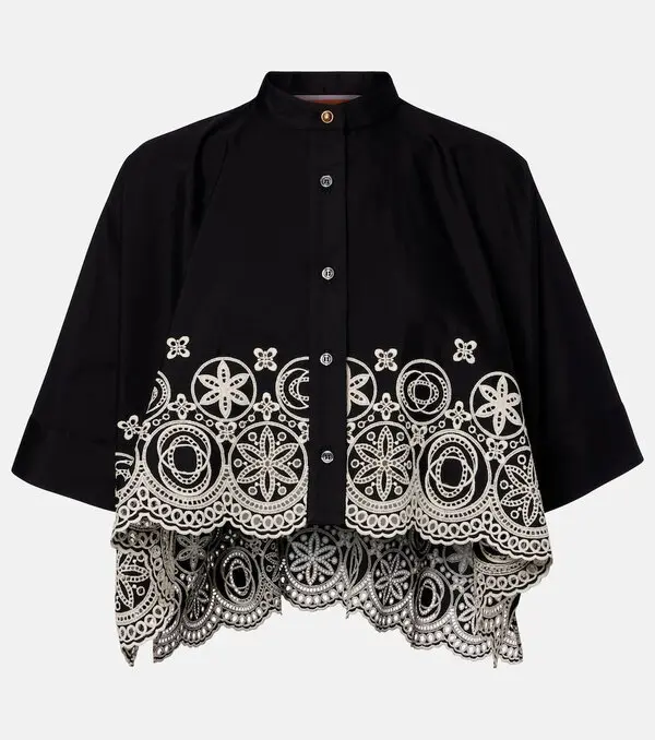 La DoubleJ Embroidered Cropped Cotton Shirt - Black