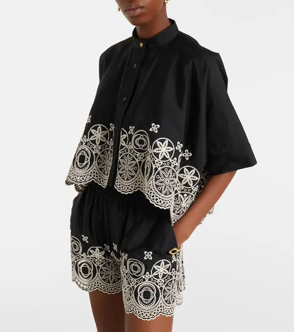 La DoubleJ Embroidered Cropped Cotton Shirt - Black