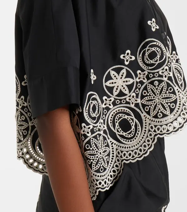 La DoubleJ Embroidered Cropped Cotton Shirt - Black