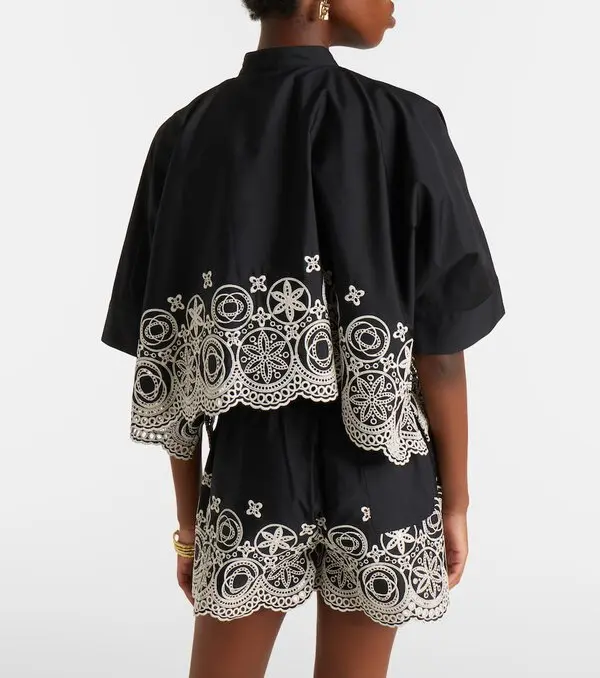 La DoubleJ Embroidered Cropped Cotton Shirt - Black