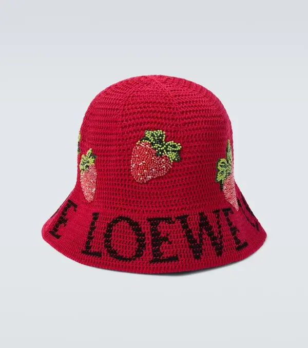 Loewe Strawberry Beaded Bucket Hat - Red