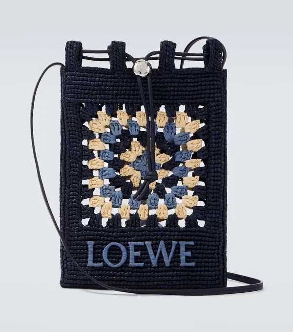 Loewe Paula's Ibiza Crochet Raffia Pouch With Strap - Blue