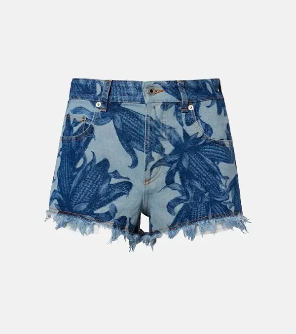 Loewe Frayed Printed Denim Shorts - Blue