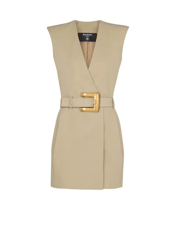Balmain Belted Cotton Gabardine Mini Dress - Beige