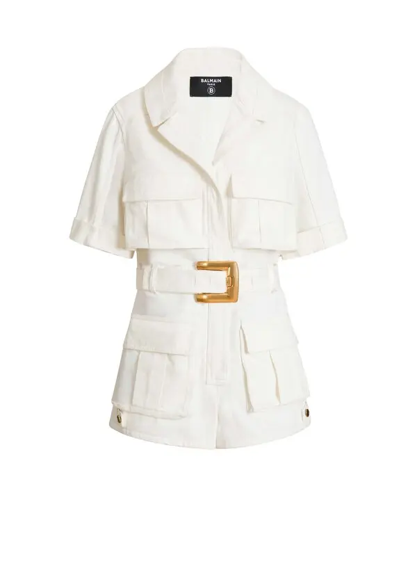 Balmain Belted Denim Playsuit - White