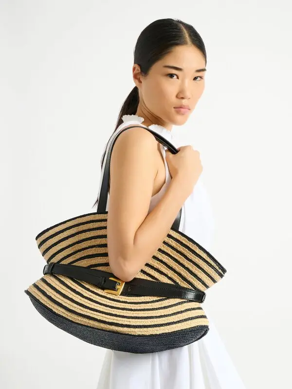Balmain Shuffle Bag In Raffia And Leather - Beige