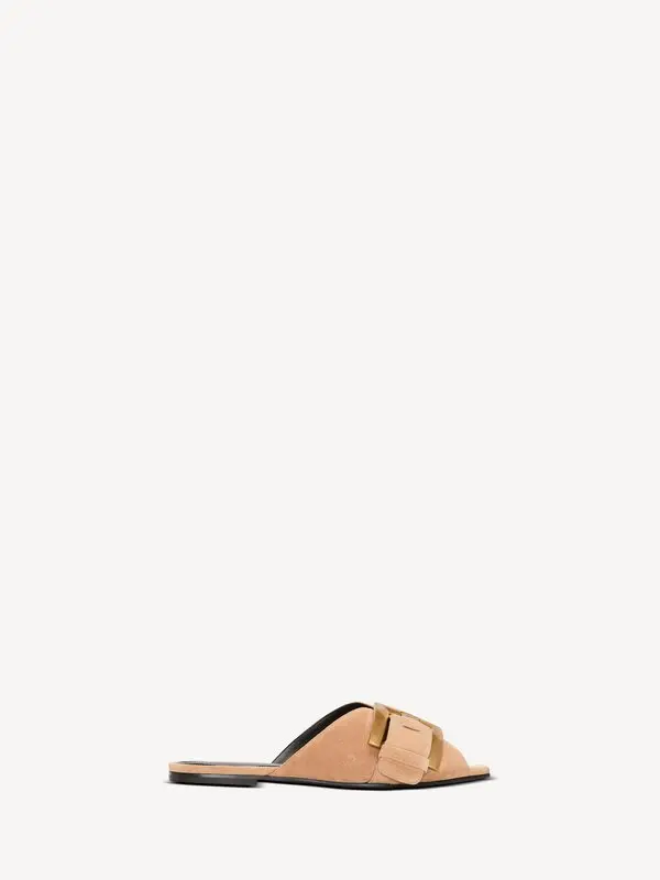Balmain Flat Suede Leather Anthem Mules - Beige