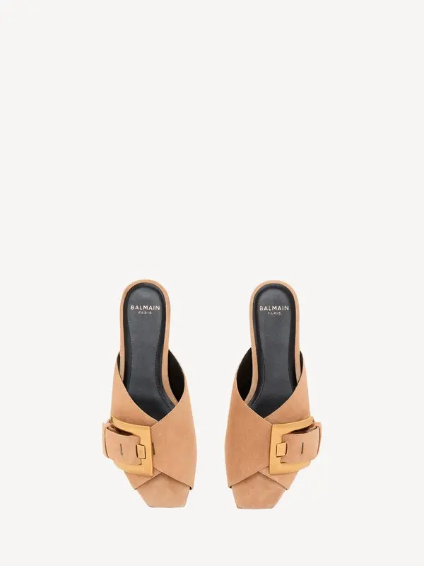 Balmain Flat Suede Leather Anthem Mules - Beige