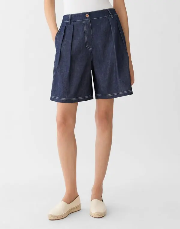 Lafayette 148 New York Cotton Chambray High Rise Wide Leg Short - Shipyard Indigo