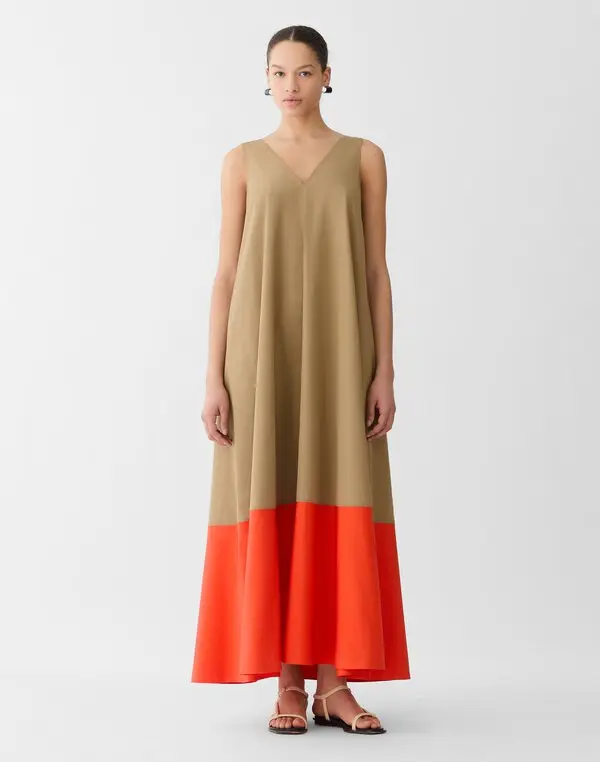 Lafayette 148 New York Organic Cotton Poplin Color Block Maxi Dress - Cadet Khaki/orange Poppy