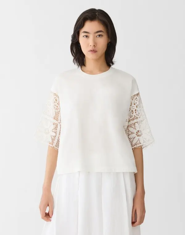 Lafayette 148 New York Cotton Jersey Top With Lace Sleeves - White