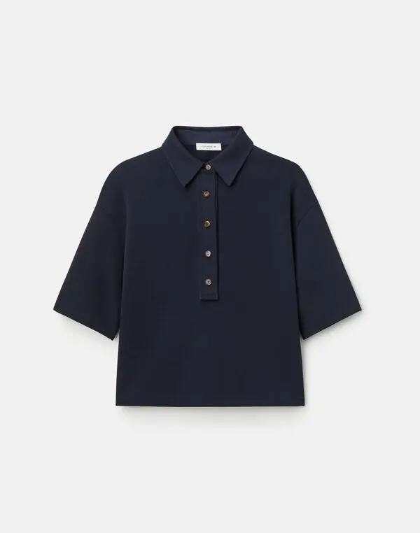 Lafayette 148 New York Cotton Pique Jersey Cropped Polo Top - Blue Ink