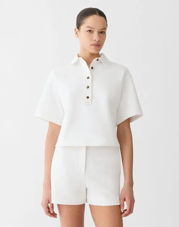 Lafayette 148 New York Cotton Pique Jersey Cropped Polo Top - White
