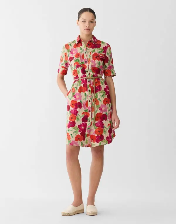 Lafayette 148 New York Blossom Print Organic Linen Shirtdress - Cadet Khaki Multi