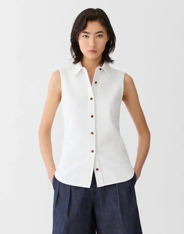 Lafayette 148 New York Cotton Pique Jersey Button Front Top - White
