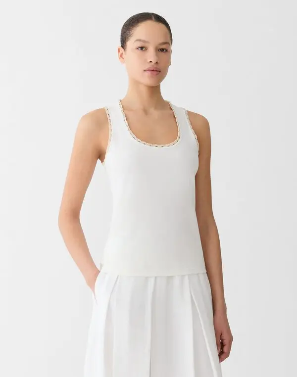 Lafayette 148 New York Cotton Rib Crochet Trim Fitted Tank - White