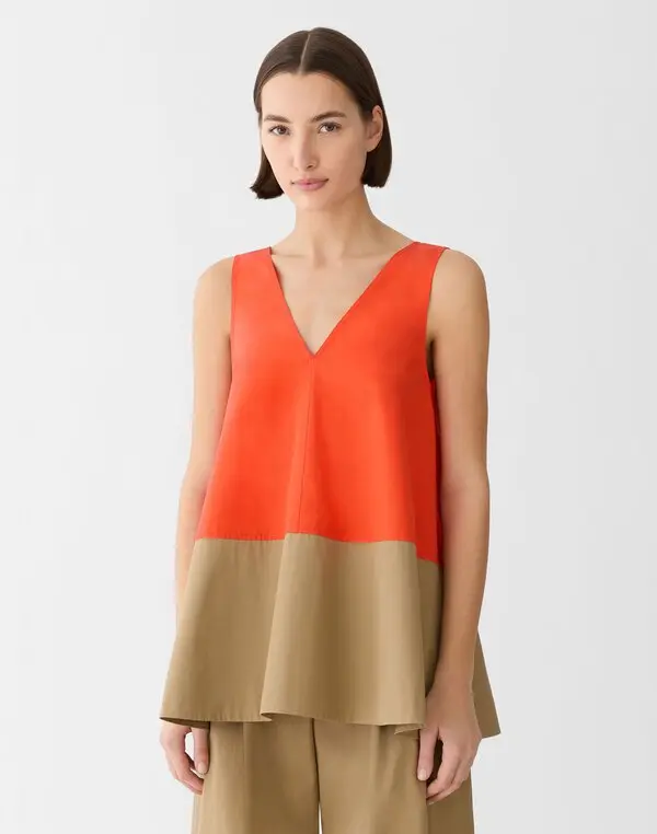 Lafayette 148 New York Organic Cotton Poplin Swing Tank - Orange Poppy/cadet Khaki
