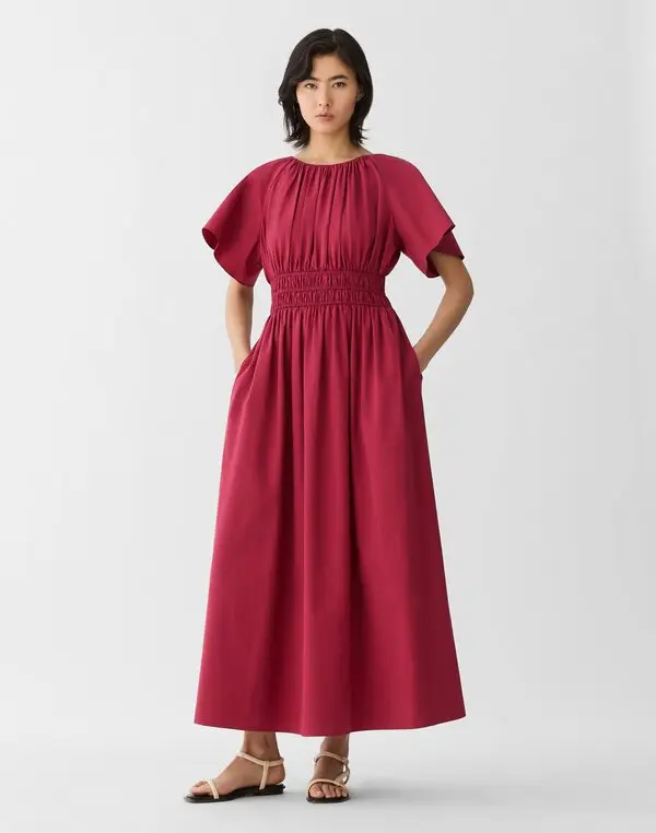 Lafayette 148 New York Organic Cotton Poplin Shirred Waist Midi Dress - Scarlet Hollyhock