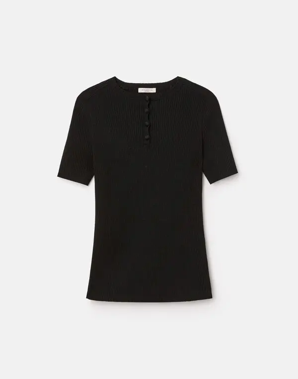 Lafayette 148 New York Fine Voile Ribbed Henley Tee - Black