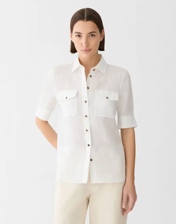 Lafayette 148 New York Organic Linen Patch Pocket Shirt - White