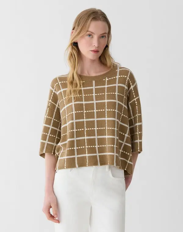 Lafayette 148 New York Plaid Cashmere Linen Crewneck Sweater - Cadet Khaki Multi