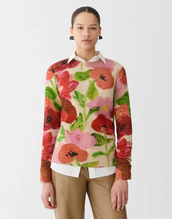 Lafayette 148 New York Petite Blossom Print Cashmere Crewneck Sweater - Blossom Multi