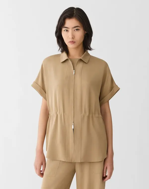 Lafayette 148 New York Organic Silk Georgette Zip-front Blouse - Cadet Khaki