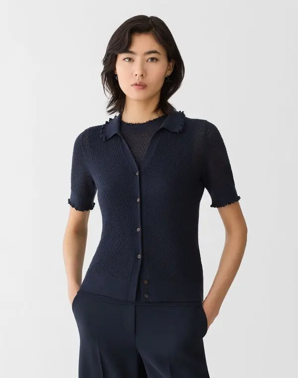 Lafayette 148 New York Fine Knit Cashmere Polo Cardigan - Blue Ink
