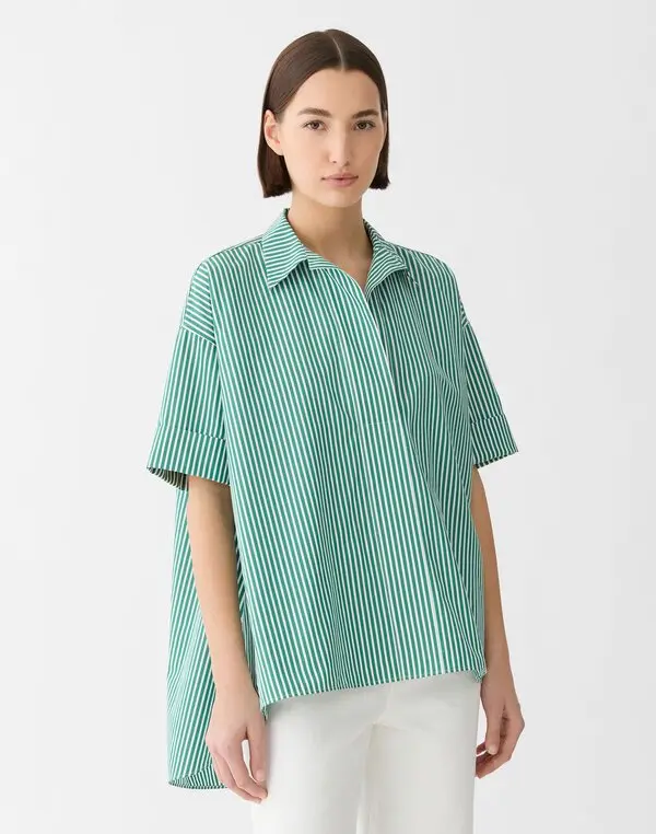 Lafayette 148 New York Striped Cotton Poplin Swing Shirt - Grass Multi