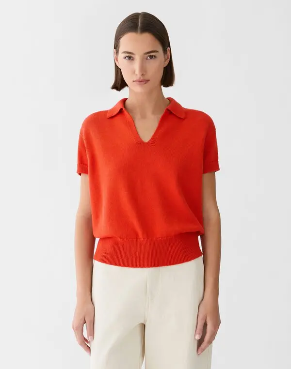 Lafayette 148 New York Cotton-silk Short Sleeve Polo Sweater - Orange Poppy