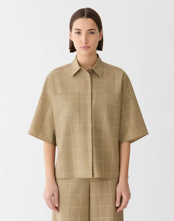 Lafayette 148 New York Plaid Tropical Wool Patch Pocket Shirt - Cadet Khaki Multi