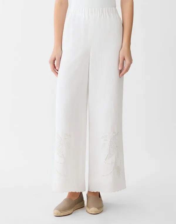 Lafayette 148 New York Organic Linen Embroidered Wide Leg Pant - White