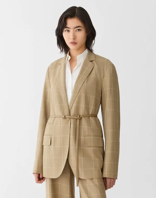 Lafayette 148 New York Plaid Tropical Wool Belted Jacket - Cadet Khaki Multi