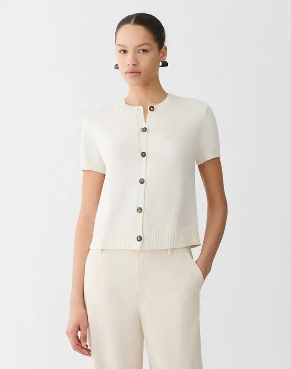 Lafayette 148 New York Cotton-silk Short Sleeve Cardigan - Cloud