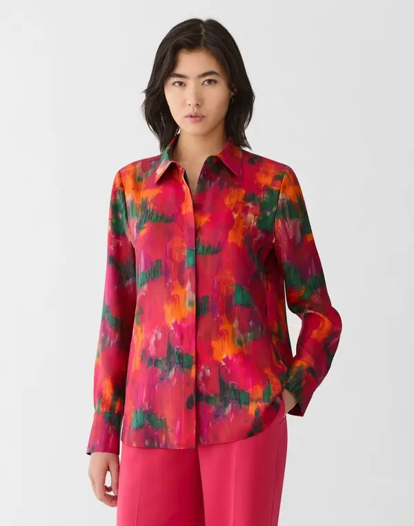 Lafayette 148 New York Blossom Print Silk Twill Blouse - Pink Peony Multi
