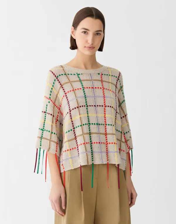 Lafayette 148 New York Cashmere Sequin Silk Plaid Sweater - Taupe Multi